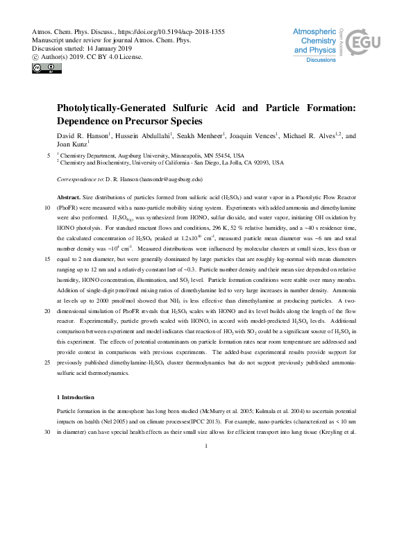 (PDF) Photolytically-Generated Sulfuric Acid and Particle Formation ...