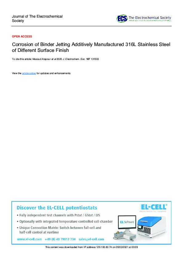 (PDF) Corrosion of Binder Jetting Additively Manufactured 316L ...