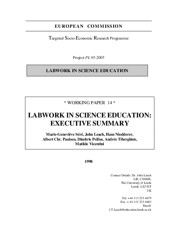 (PDF) Labwork in Science Education : Executive Summary