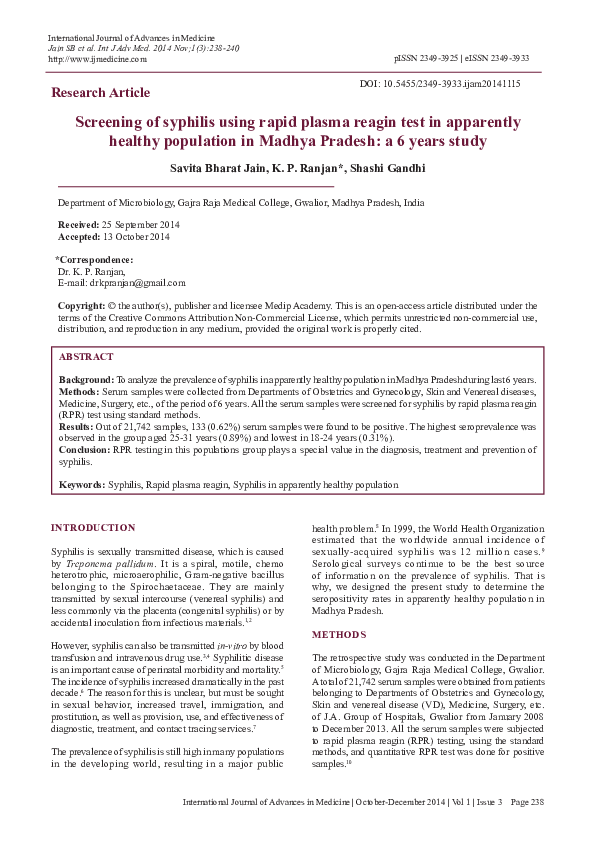 (PDF) Screening of syphilis using rapid plasma reagin test in ...