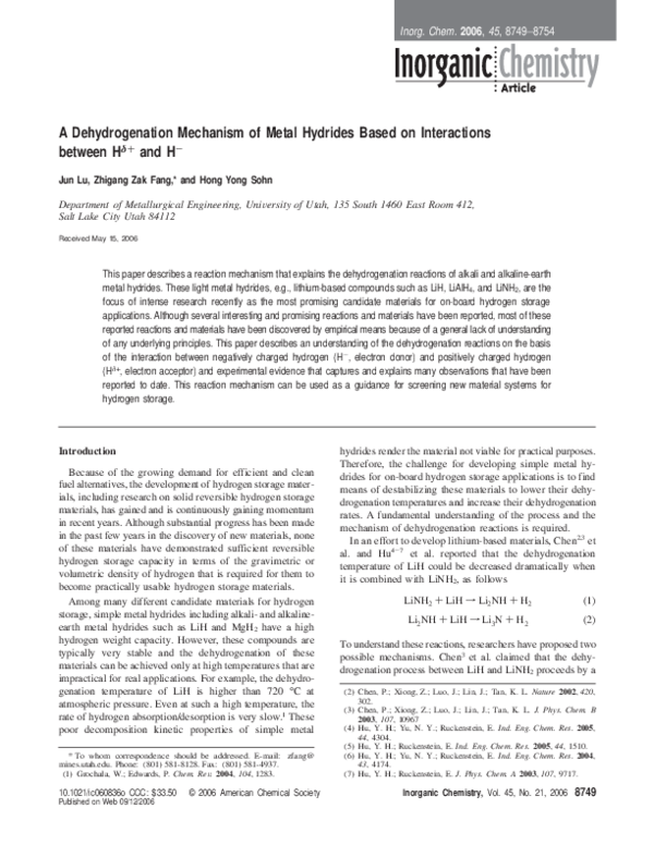 (PDF) A Dehydrogenation Mechanism of Metal Hydrides Based on Interactions between Hδ+ and H
