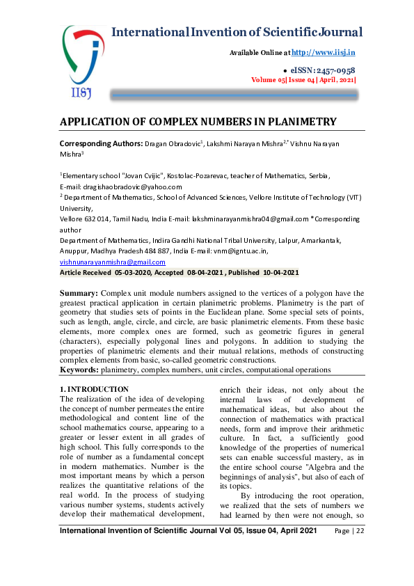 (PDF) Application of Complex Numbers in Planimetry