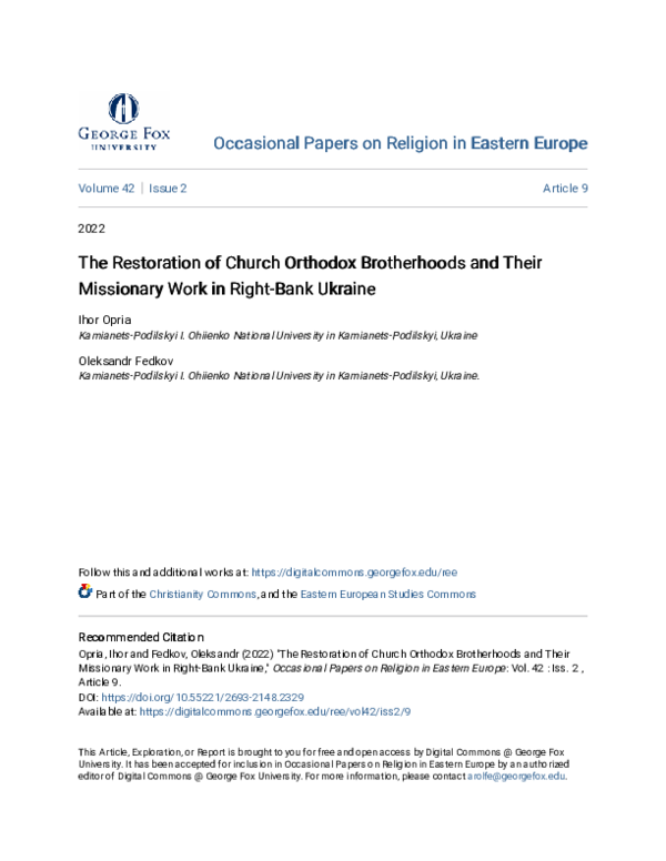 (PDF) The Restoration of Church Orthodox Brotherhoods and Their ...