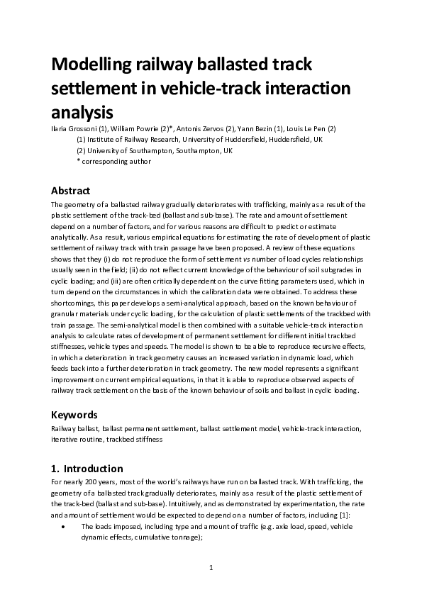 (PDF) Modelling railway ballasted track settlement in vehicle-track interaction analysis
