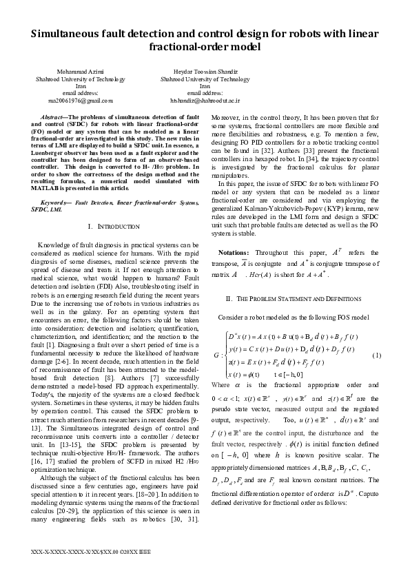 Pdf Simultaneous Fault Detection And Control Design For Robots With Linear Fractional Order Model