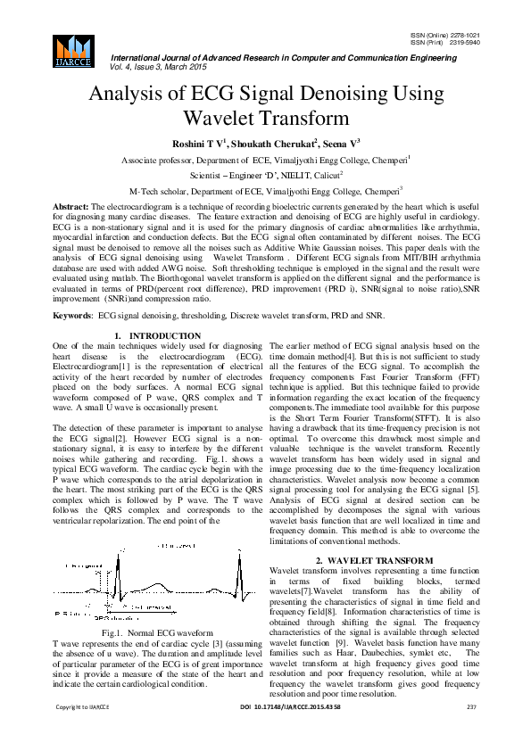 Pdf Analysis Of Ecg Signal Denoising Using Wavelet Transform
