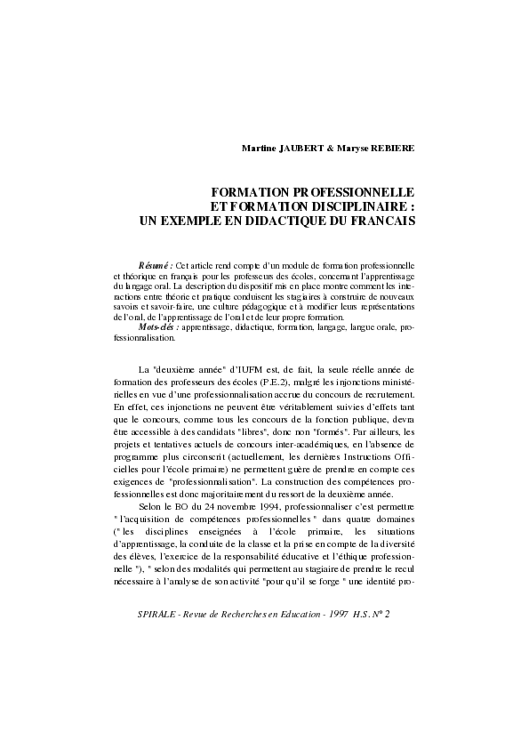 (PDF) Formation Professionnelle et Formation Disciplinaire : Un Exemple en Didactique Du Francais