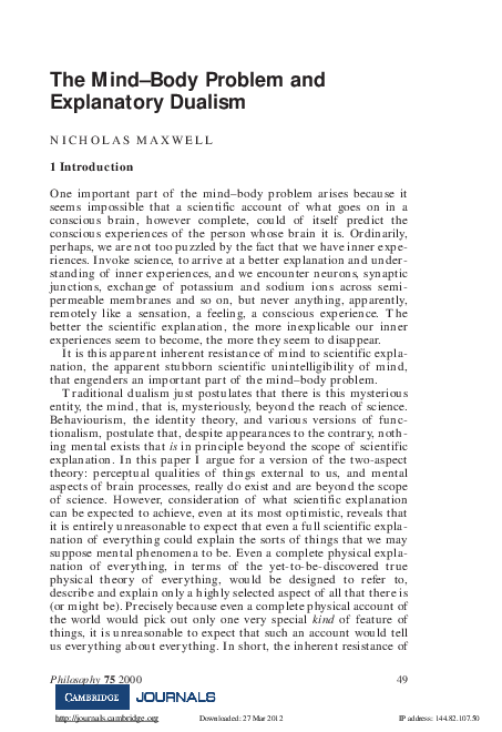 (PDF) The Mind–Body Problem and Explanatory Dualism | Nicholas Maxwell ...