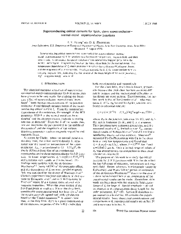 (PDF) Superconducting critical currents for thick, clean superconductor—normal-metal ...