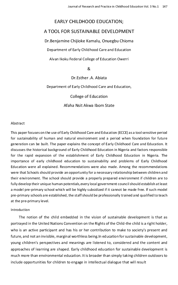 (PDF) EARLY CHILDHOOD EDUCATION; A TOOL FOR SUSTAINABLE DEVELOPMENT