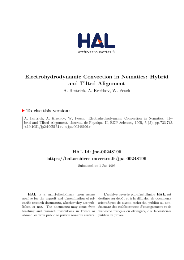 (PDF) Electrohydrodynamic Convection in Nematics: Hybrid and Tilted Alignment