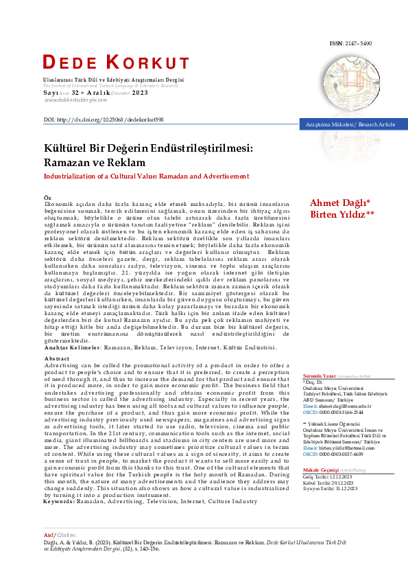 (PDF) Kültürel Bir Değerin Endüstrileştirilmesi: Ramazan ve Reklam
