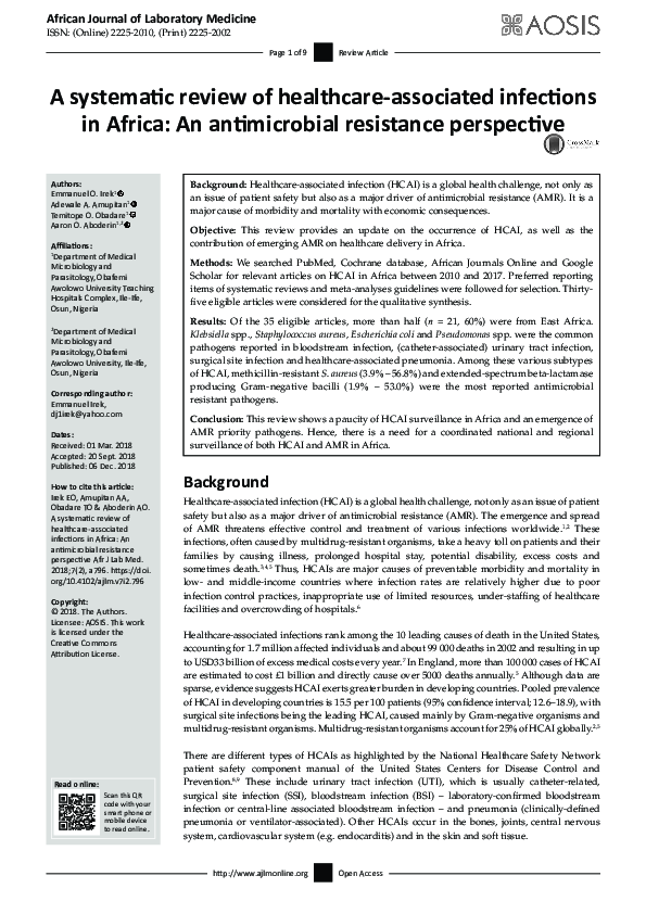 (PDF) A systematic review of healthcare-associated infections in Africa ...