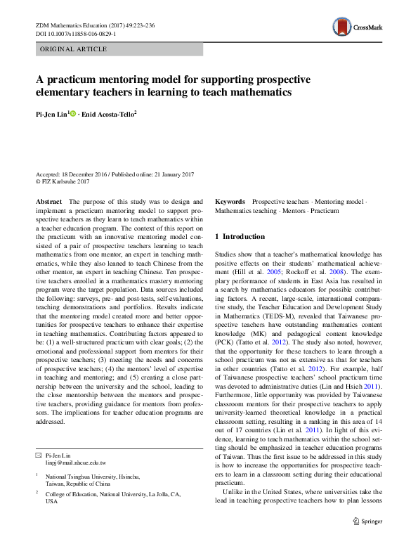 (PDF) A practicum mentoring model for supporting prospective elementary ...