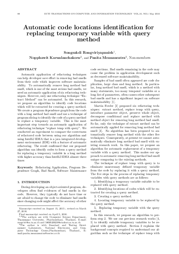 (PDF) Automatic code locations identification for replacing temporary variable with query method