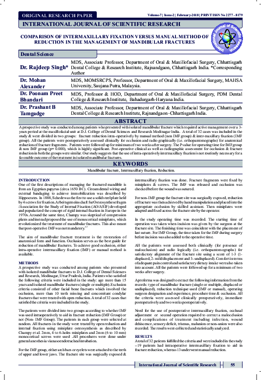 Pdf Comparison Of Intermaxillary Fixation Versus Manual Method Of Reduction In The Management