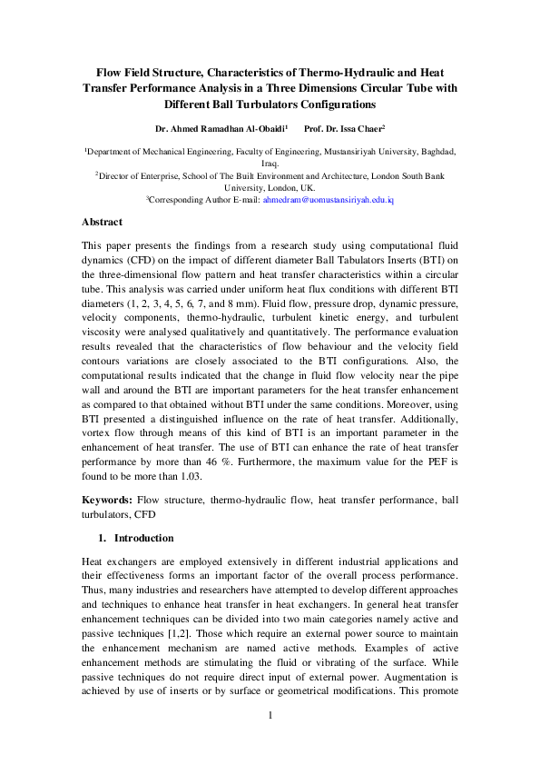 (PDF) Flow Field Structure, Characteristics of Thermo-Hydraulic and Heat Transfer Performance ...