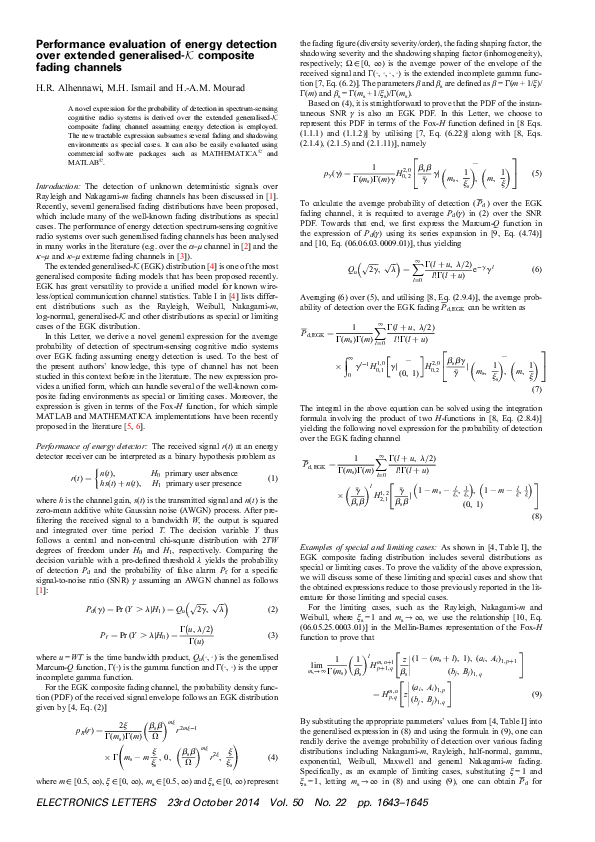 (PDF) Performance evaluation of energy detection over extended generalised‐ composite fading ...