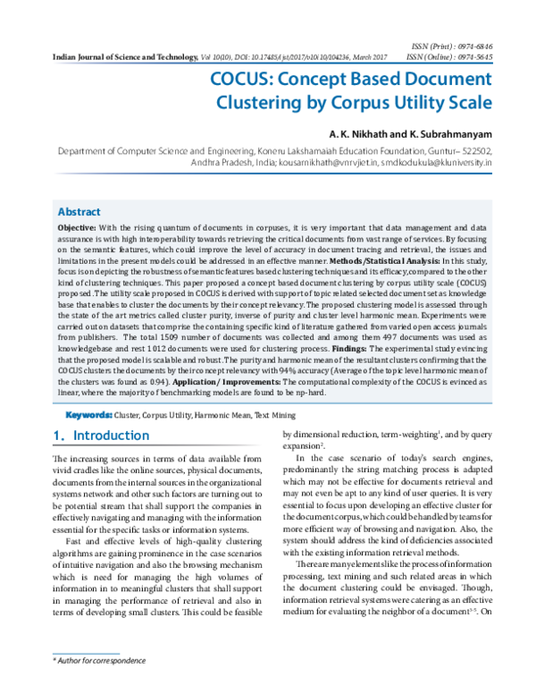 (PDF) COCUS: Concept Based Document Clustering by Corpus Utility Scale | Kousar Nikhath ...