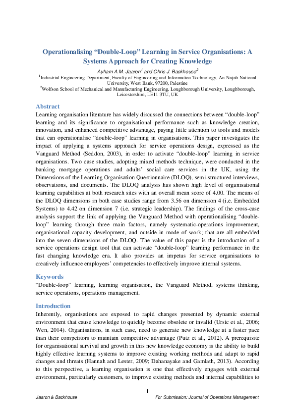 (PDF) Operationalising “Double-Loop” Learning in Service Organisations: A Systems Approach for ...
