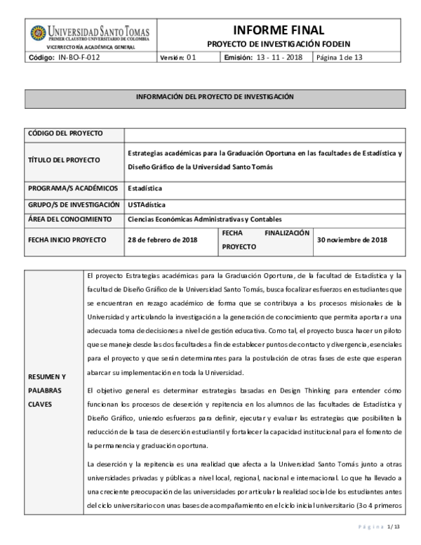 (PDF) Informe final proyecto de investigación FODEIN. Estrategias académicas para la graduación ...