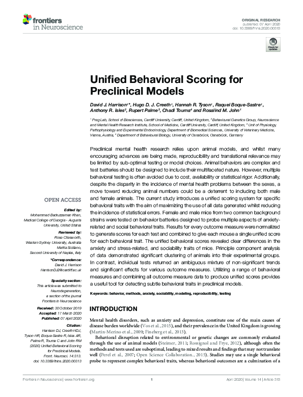 (PDF) Unified Behavioral Scoring for Preclinical Models