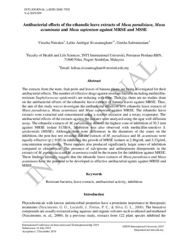 (PDF) Antibacterial effects of the ethanolic leave extracts of Musa paradisiaca, Musa acuminata ...
