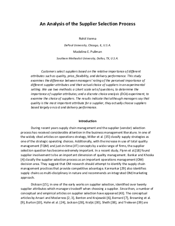 (PDF) An analysis of the supplier selection process