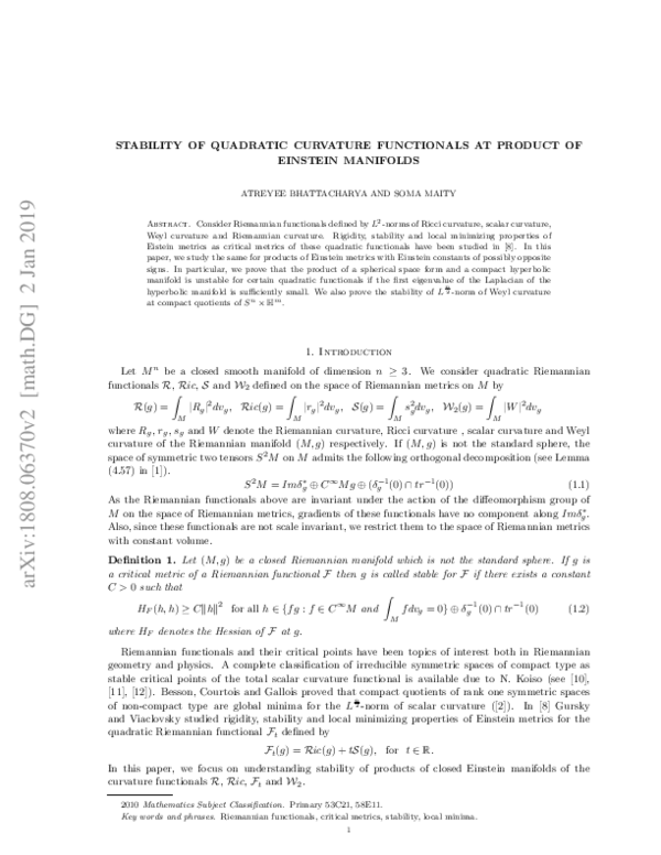 (PDF) Stability of Quadratic curvature Functionals at product Einstein manifolds