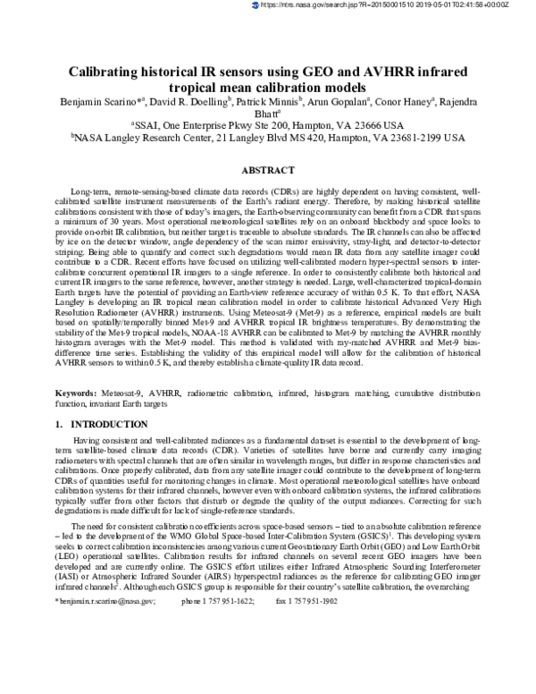 (PDF) Calibrating historical IR sensors using GEO and AVHRR infrared tropical mean calibration ...