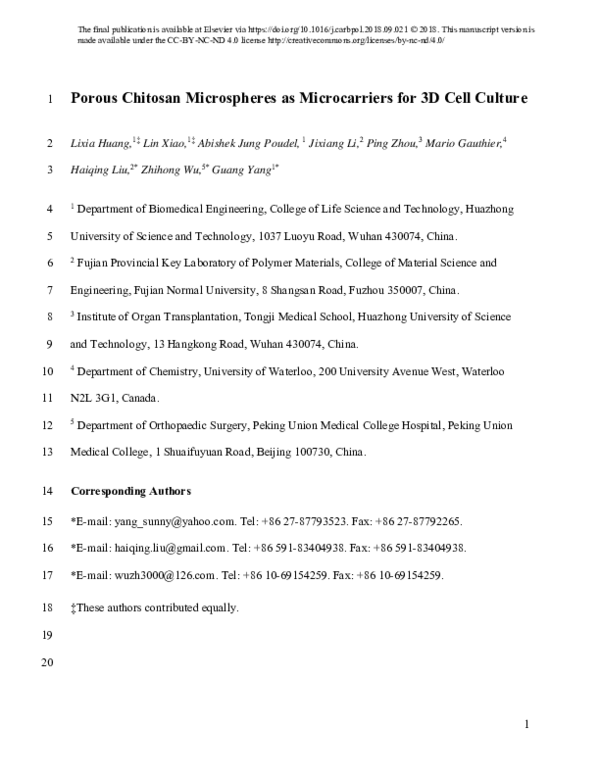 (PDF) Porous chitosan microspheres as microcarriers for 3D cell culture