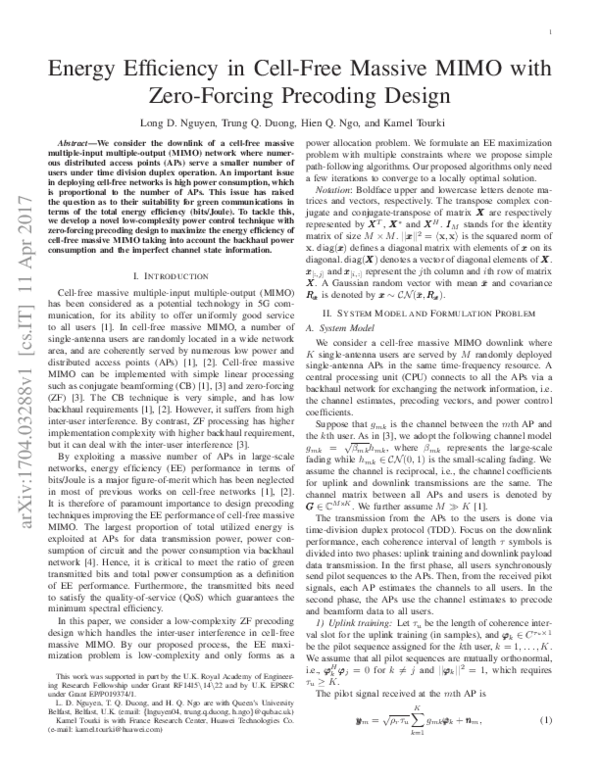 (PDF) Energy Efficiency in Cell-Free Massive MIMO with Zero-Forcing Precoding Design