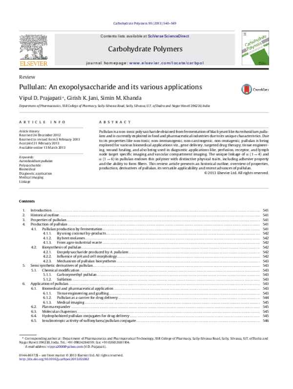 (PDF) Pullulan: An exopolysaccharide and its various applications