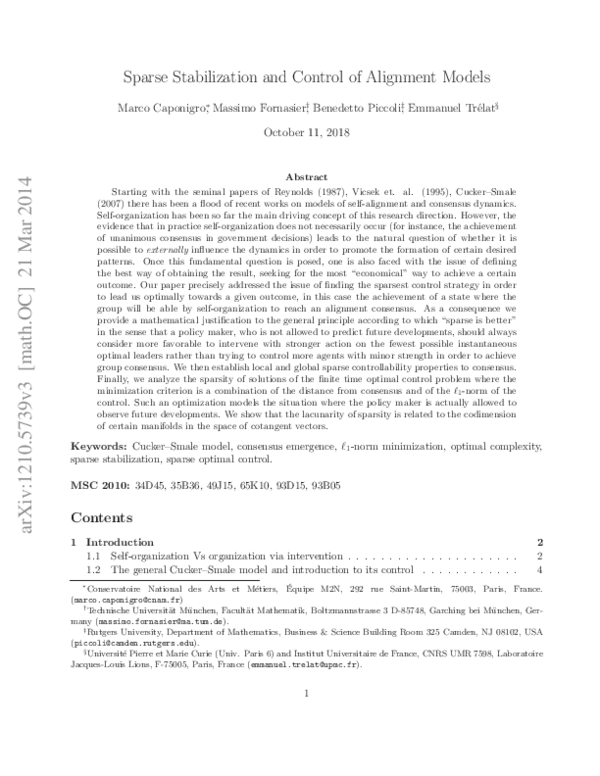 (PDF) Sparse stabilization and control of alignment models
