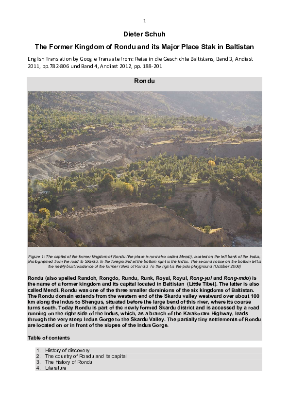 (PDF) The Former Kingdom of Rondu and its Major Place Stak in Baltistan