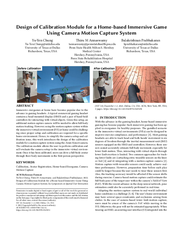 (PDF) Design of Calibration Module for a Home-based Immersive Game Using Camera Motion Capture ...