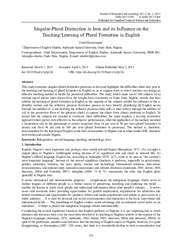 (PDF) Singular-Plural Distinction in Izon and its Influence on the ...