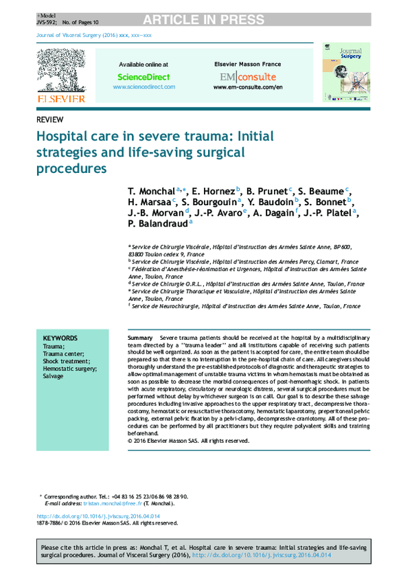 (PDF) Hospital care in severe trauma: Initial strategies and life ...