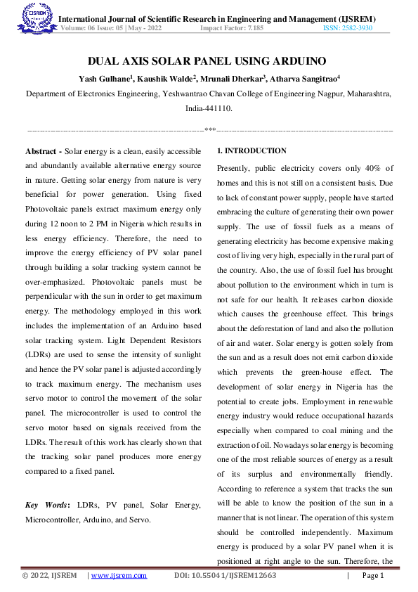 (PDF) Dual Axis Solar Panel Using Arduino
