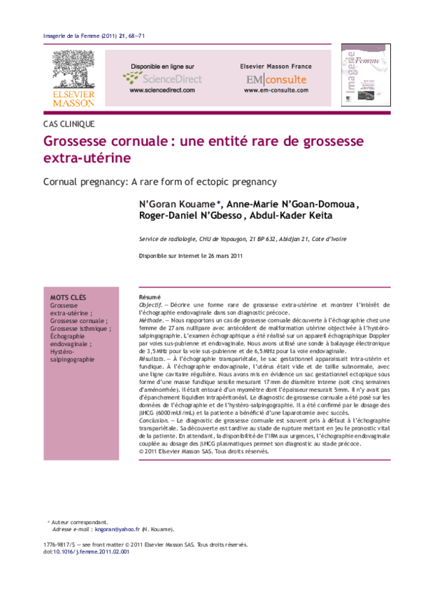 (PDF) Grossesse cornuale : une entité rare de grossesse extra-utérine
