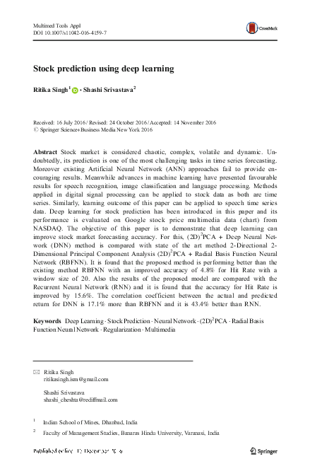 (PDF) Stock prediction using deep learning