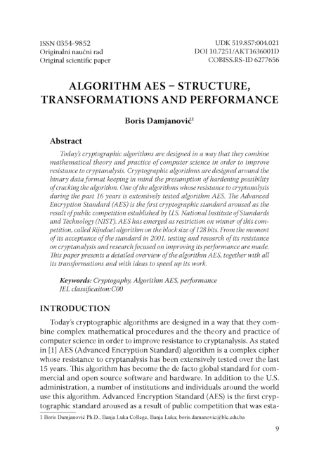 (PDF) Algorithm Aes - Structure, Transformations and Performance