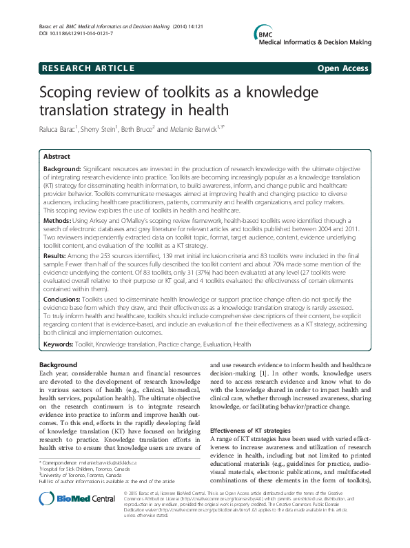 (PDF) Scoping review of toolkits as a knowledge translation strategy in ...