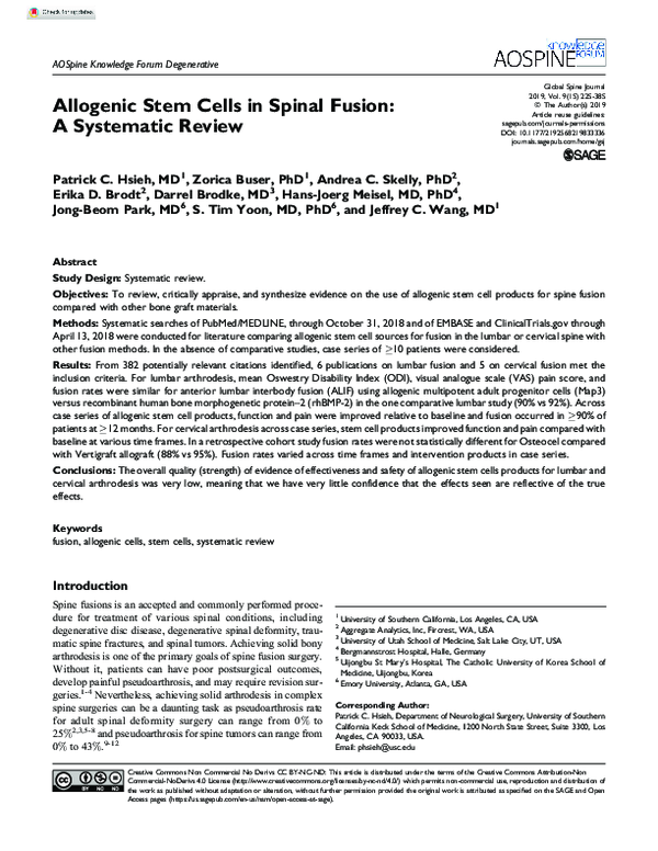Allogenic Stem Cells in Spinal Fusion: A Systematic Review