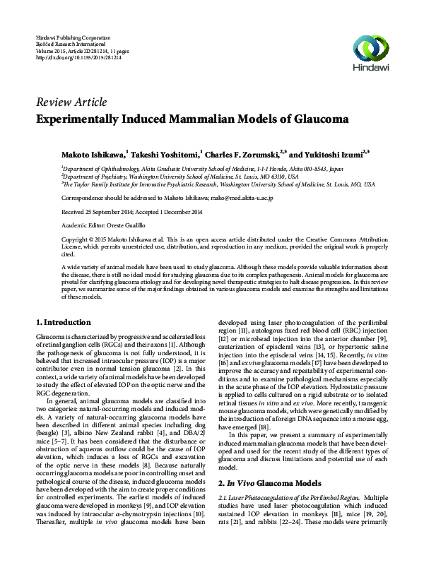 (PDF) Experimentally Induced Mammalian Models of Glaucoma