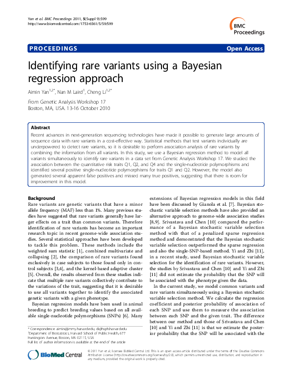Pdf Identifying Rare Variants Using A Bayesian Regression Approach