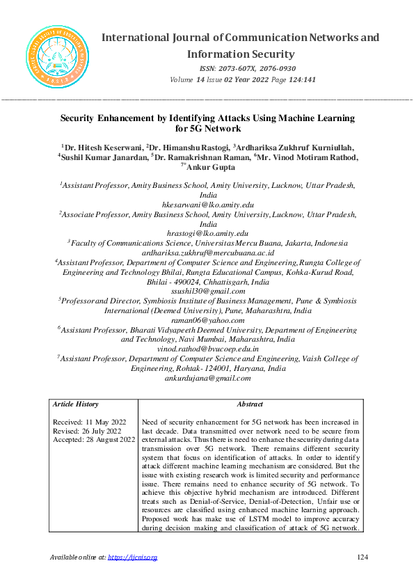 (PDF) Security Enhancement by Identifying Attacks Using Machine Learning for 5G Network