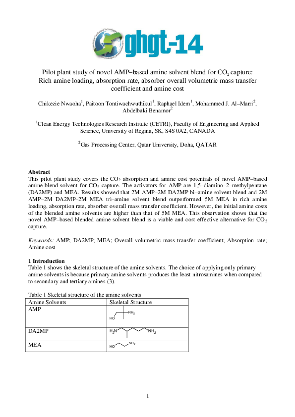 (PDF) Pilot Plant Study of Novel AMP–Based Amine Solvent Blend for CO2 ...