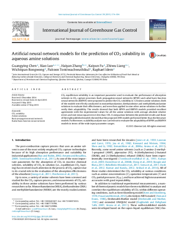 (PDF) Artificial neural network models for the prediction of CO2 solubility in aqueous amine ...