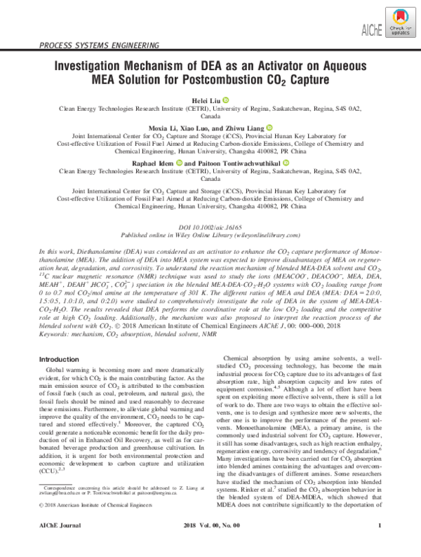 (PDF) Investigation mechanism of DEA as an activator on aqueous MEA ...
